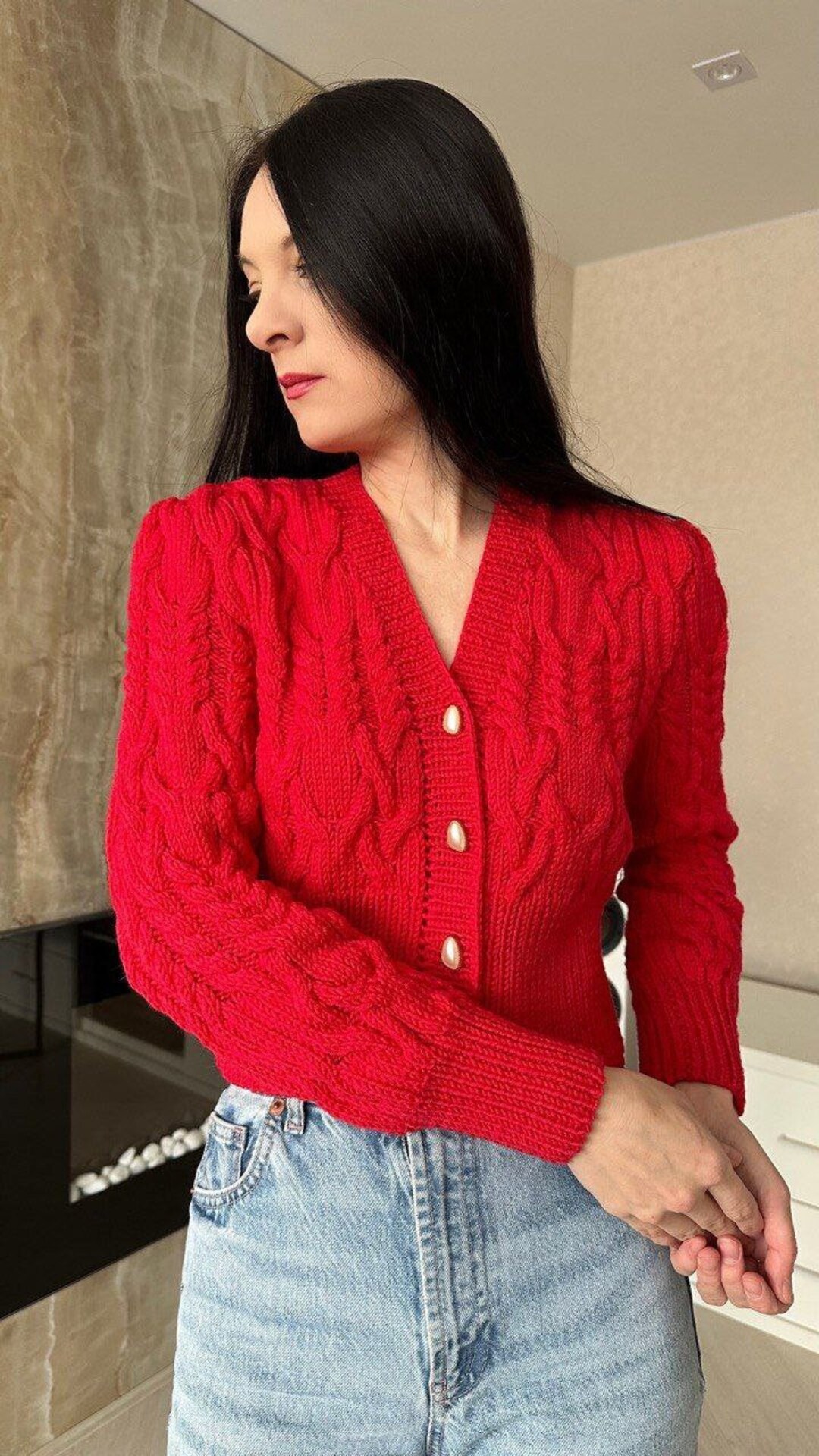 Merino Cardigan for Women Red Wool Cardigan Aran Cardigan - Etsy