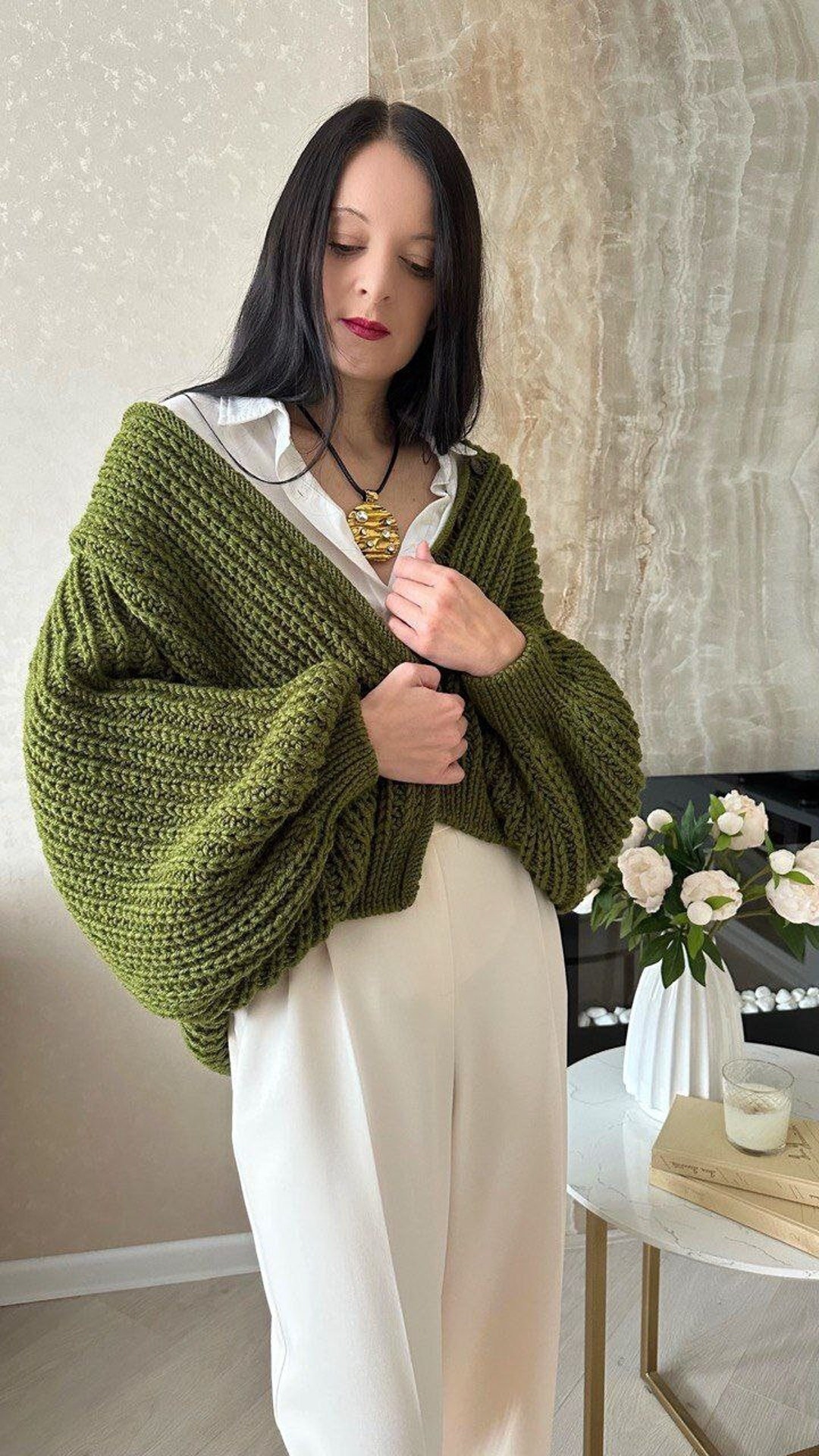 Green Chunky Cardigan Oversized Hand Knit Cardigan Handmade Wool ...