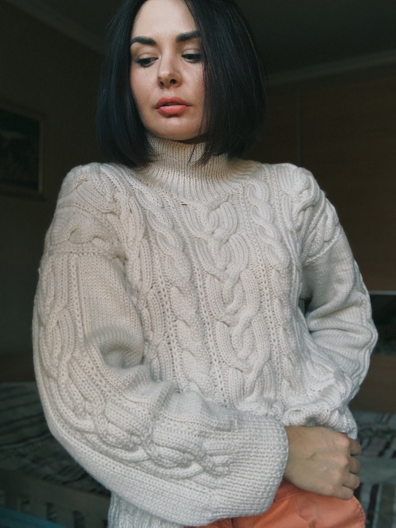 Chunky Cable Knit Sweater Wool Turtleneck Sweater Aran Sweater Women - Etsy