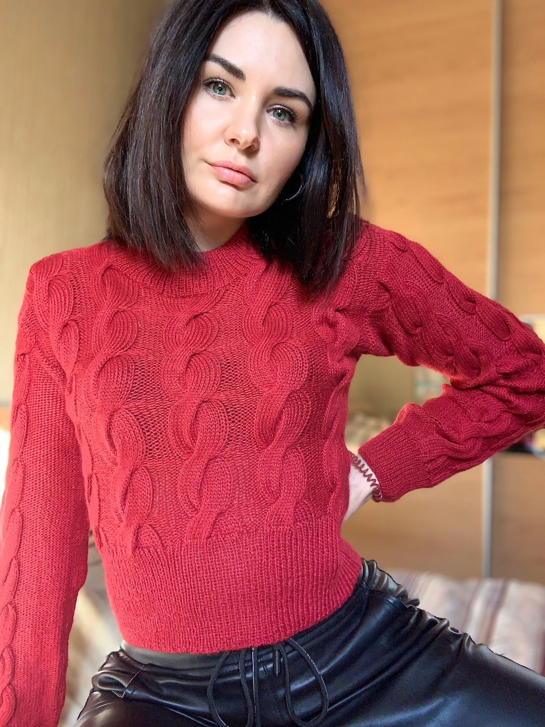 Red Cropped Sweater Alpaca Sweater Women Fitted Sweater Cable Knit ...