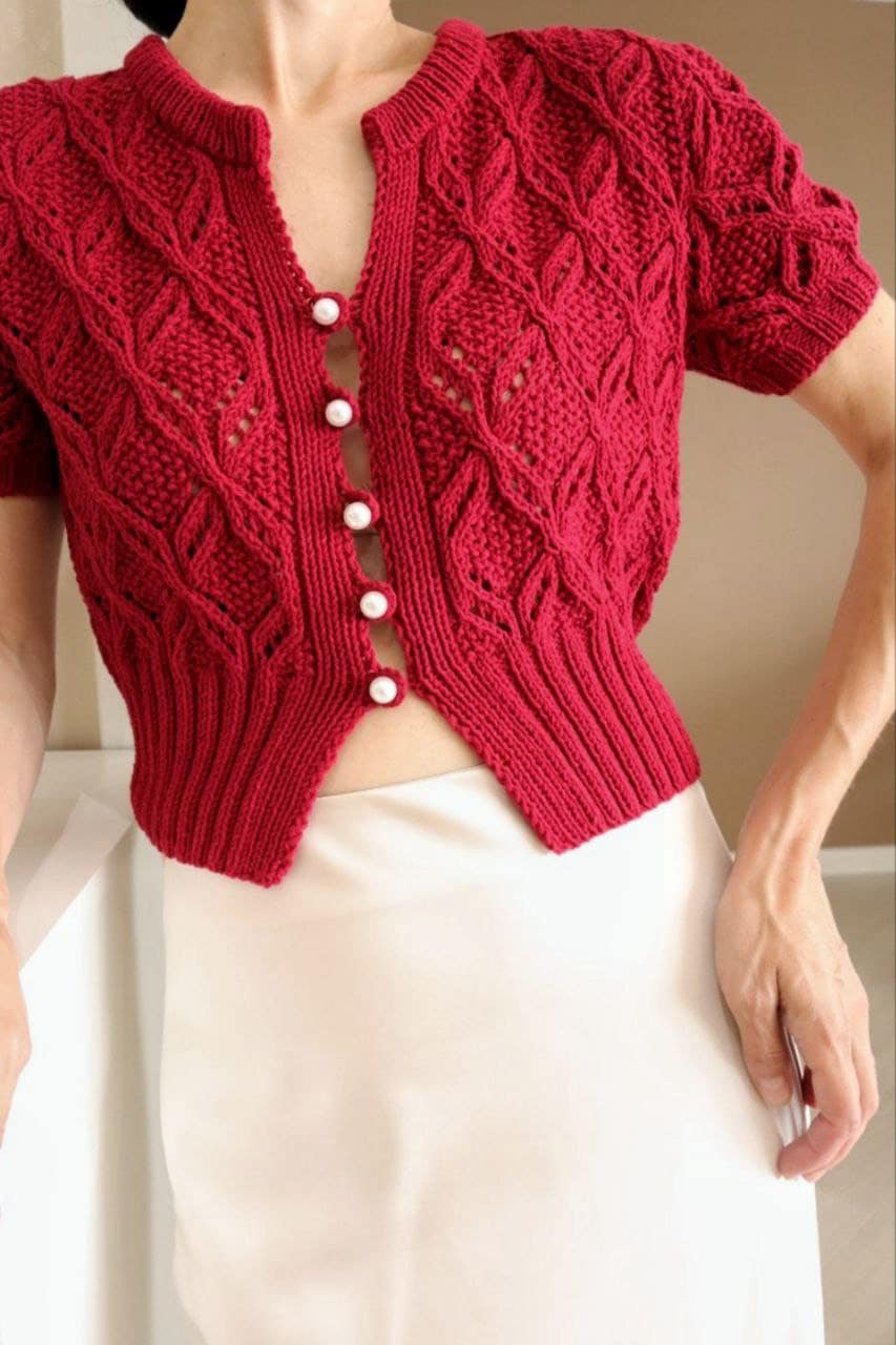 Cable Knit Cropped Cardigan Hand Knit Cotton Cardigan Short Sleeve ...