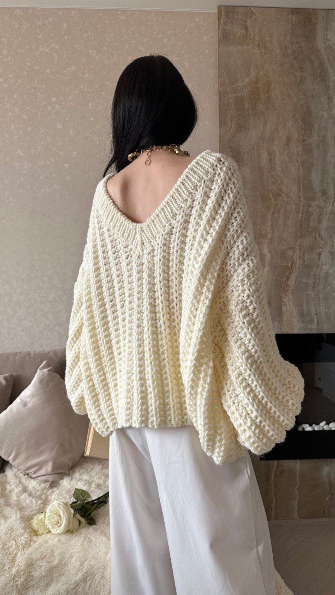 Super Chunky Knit Sweater Oversized V Neck Sweater Handmade Wool ...