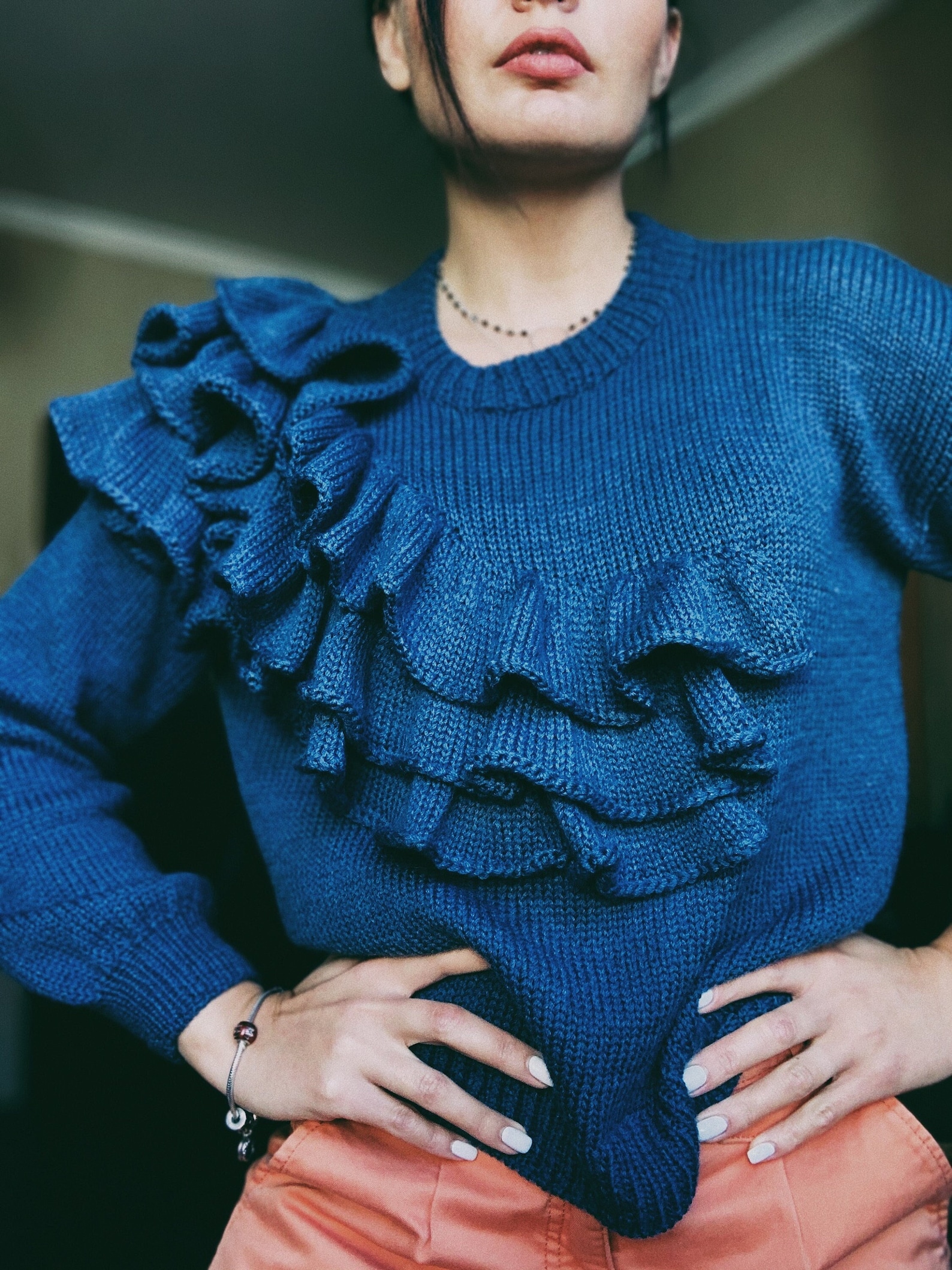 Chunky Merino Wool Sweater Ruffle Sweater Hand Knit Blue Sweater - Etsy