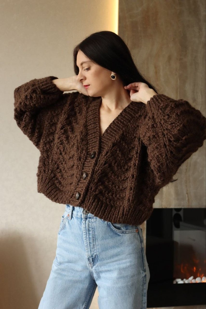 Chunky Knit Cardigan Cropped Alpaca Wool Cardigan Lace Cardigan Women ...