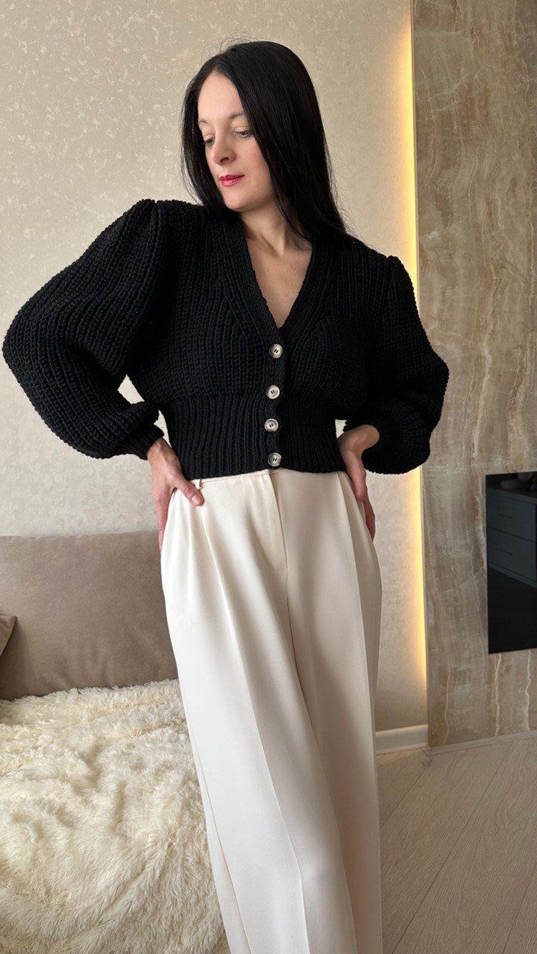 Cropped Cardigan Wool Button up Cardigan Sweater Hand Knit Chunky ...