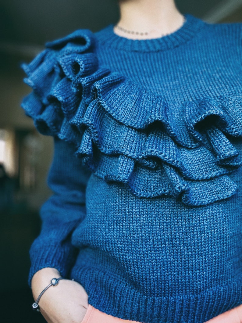 Chunky Merino Wool Sweater Ruffle Sweater Hand Knit Blue Sweater - Etsy