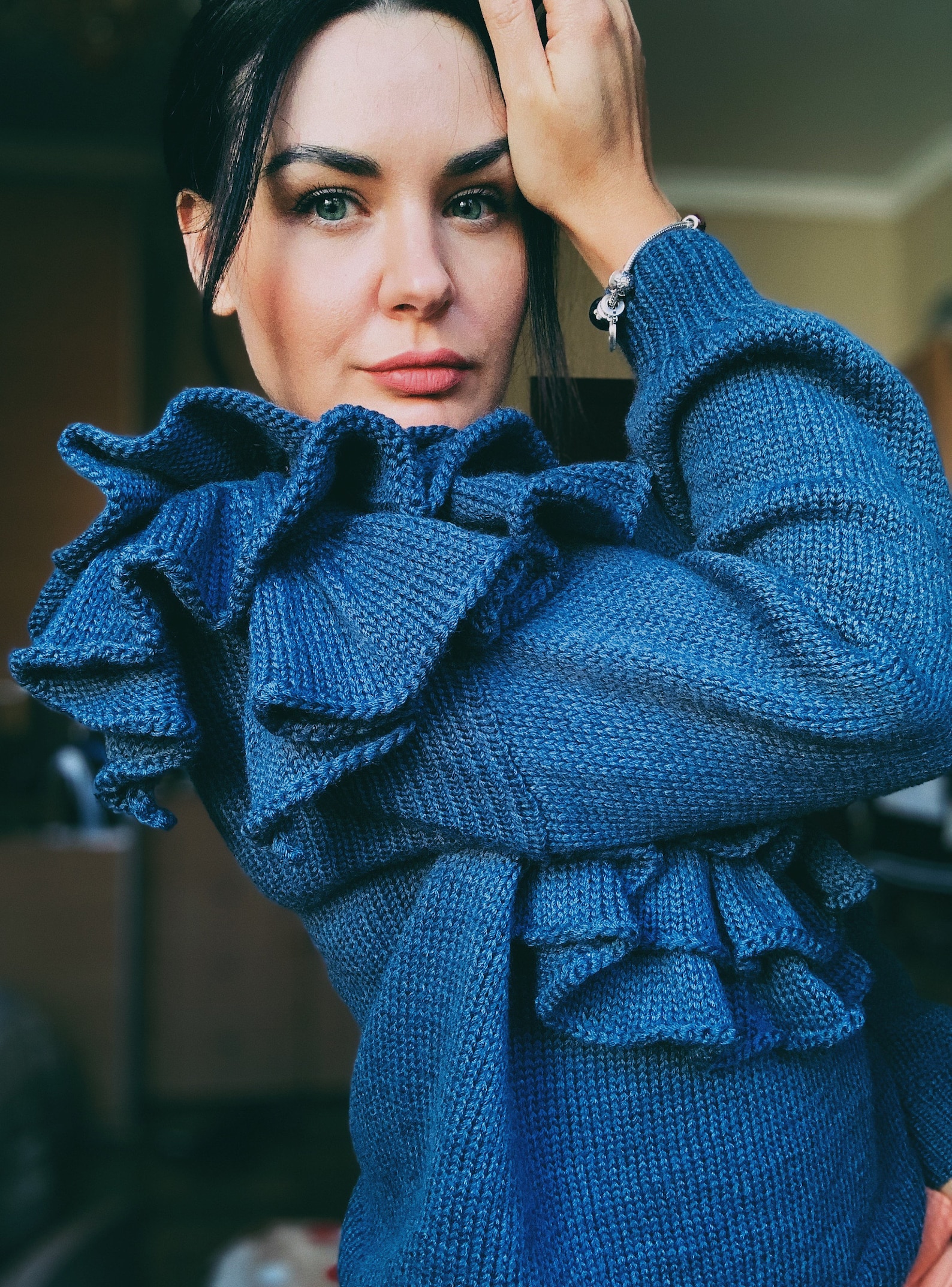 Chunky Merino Wool Sweater Ruffle Sweater Hand Knit Blue Sweater - Etsy