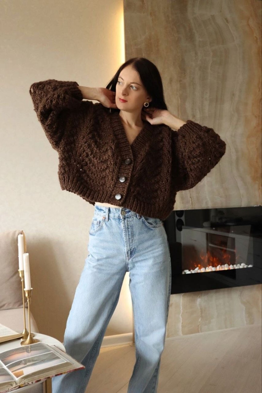 Chunky Knit Cardigan Cropped Alpaca Wool Cardigan Lace Cardigan Women ...
