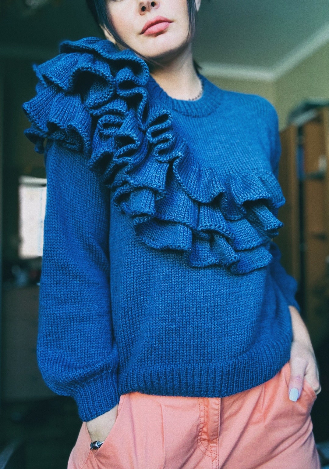 Ruffle Knit Sweater Handmade Merino Wool Sweater Hand Knit Chunky ...