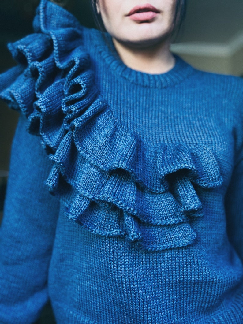 Chunky Merino Wool Sweater Ruffle Sweater Hand Knit Blue Sweater - Etsy