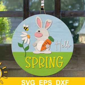 Hello Spring Door Hanger Svg Easter Bunny Welcome Sign Svg Daisy Svg ...