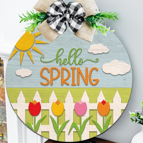 Hello Spring Welcome Sign SVG Round Door Hanger SVG Spring - Etsy