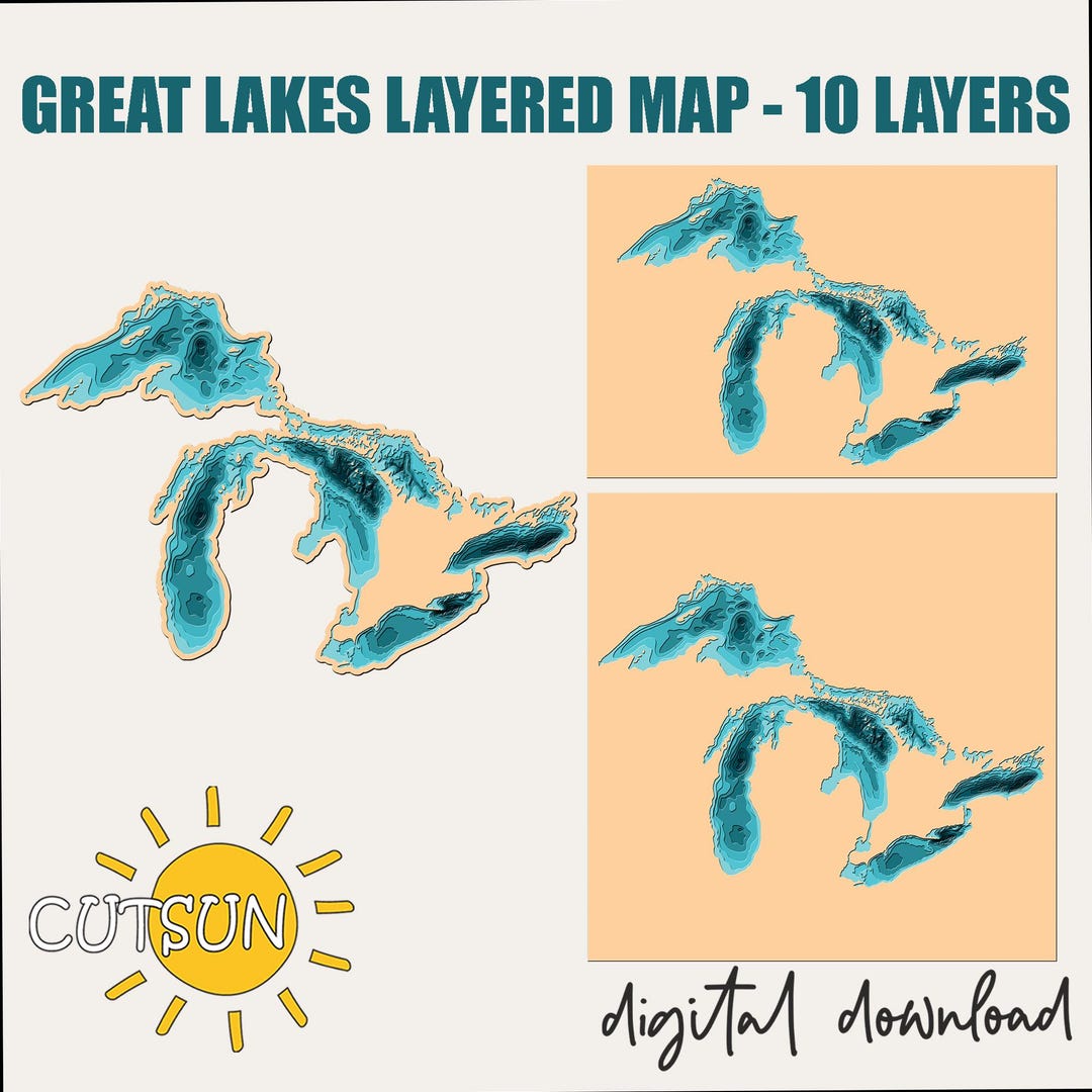 Layered Great Lakes Map SVG - 10 Layers | Lake Art Laser Cut File ...