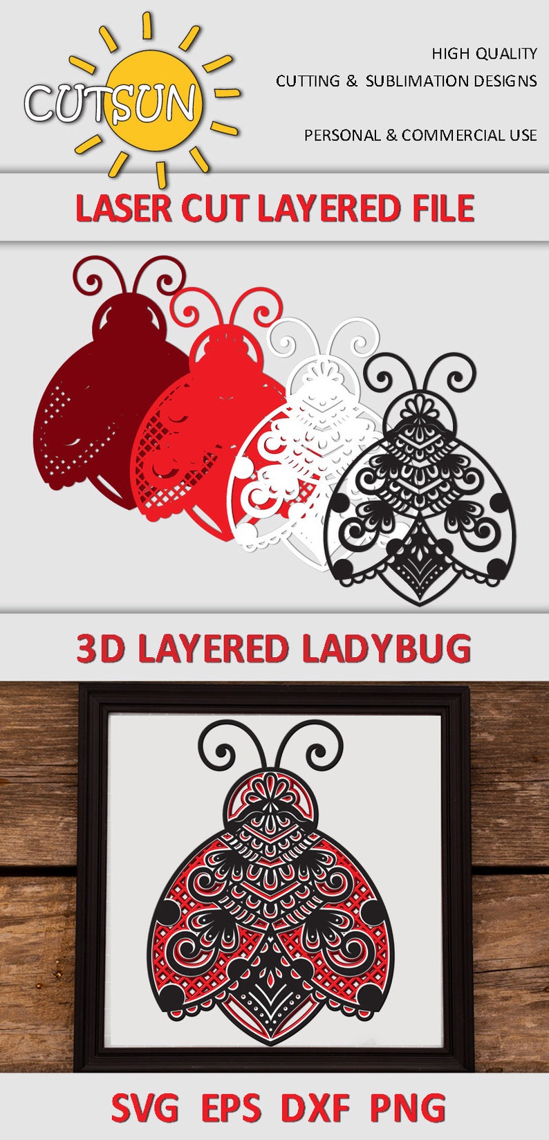 3D Layered Mandala Lady Bug SVG 4 Layers Cut File Glowforge | Etsy