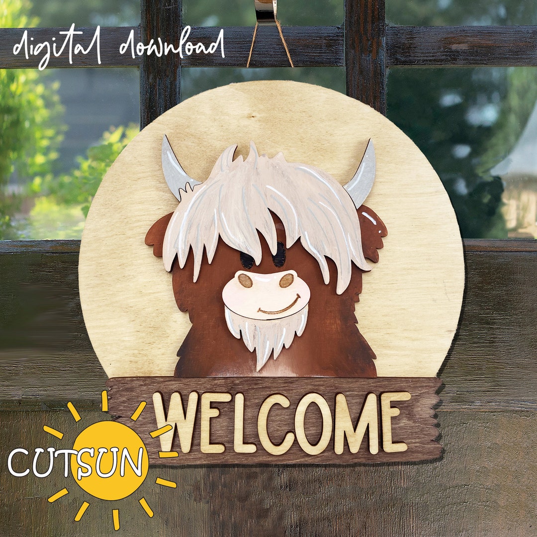 Highland Cow Door Hanger SVG | Round Interchangeable Sign Base File ...