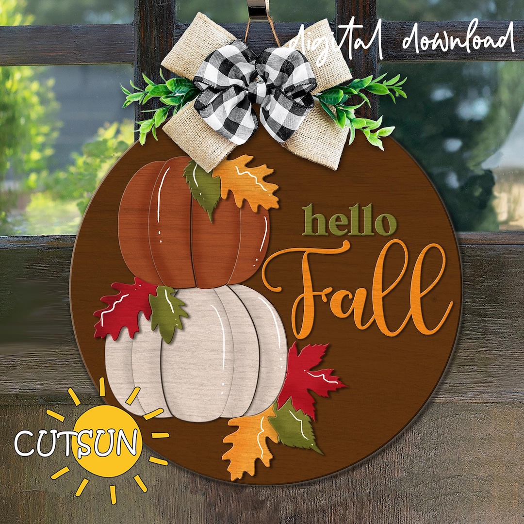 Hello Fall Round Sign SVG | Pumpkin Door Hanger SVG | Autumn Leaves ...
