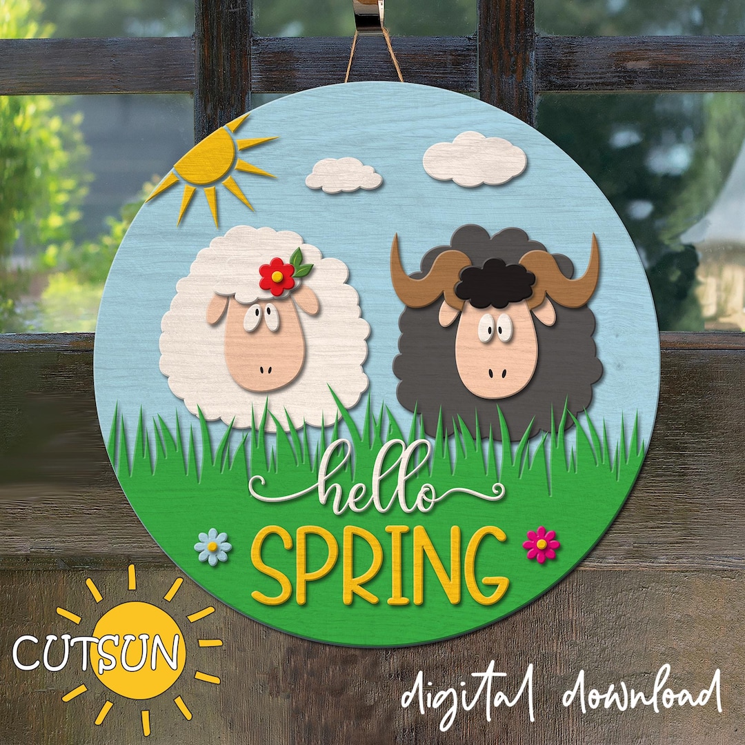 Hello Spring Door Hanger SVG | Sheep SVG | Spring Welcome Sign | Front ...