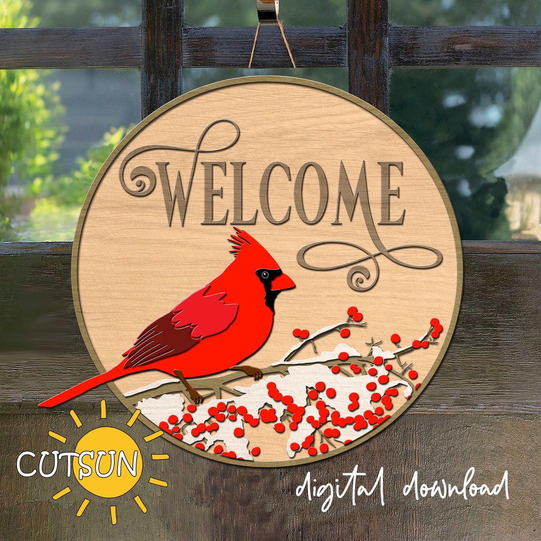 Cardinal Door Hanger SVG | Christmas Cardinal Welcome Sign | Laser Cut ...