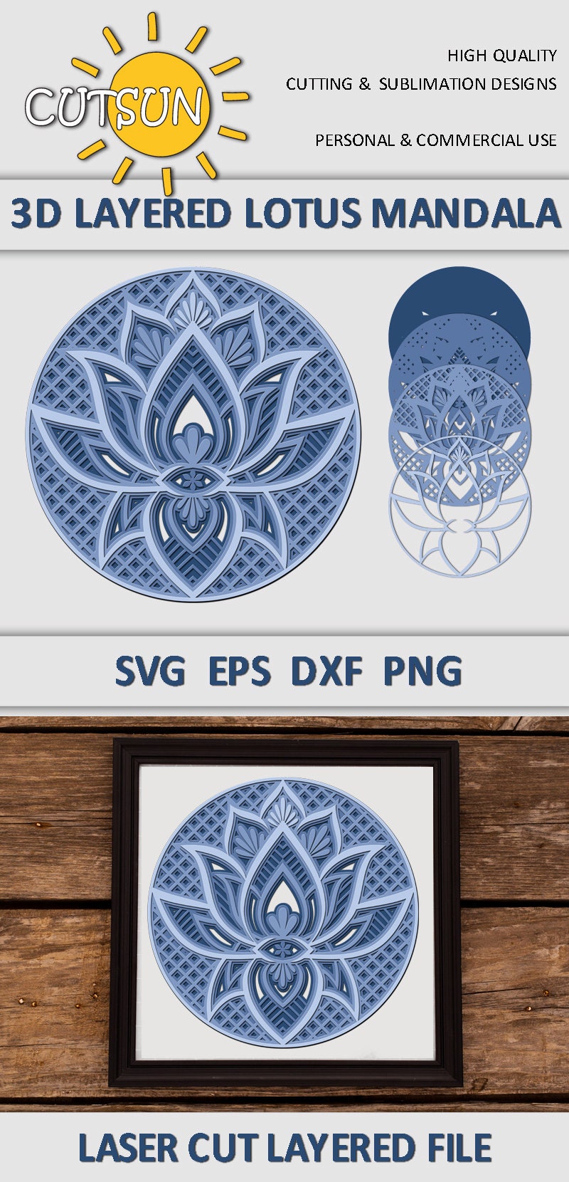 3D Layered Lotus Mandala SVG 4 Layers 3D Layered DXF Laser | Etsy