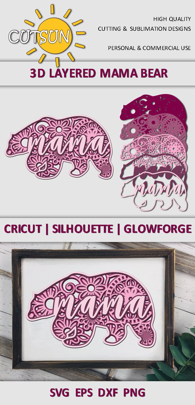 3D Layered Mandala Mama Bear SVG 5 Layers Cut File Glowforge - Etsy