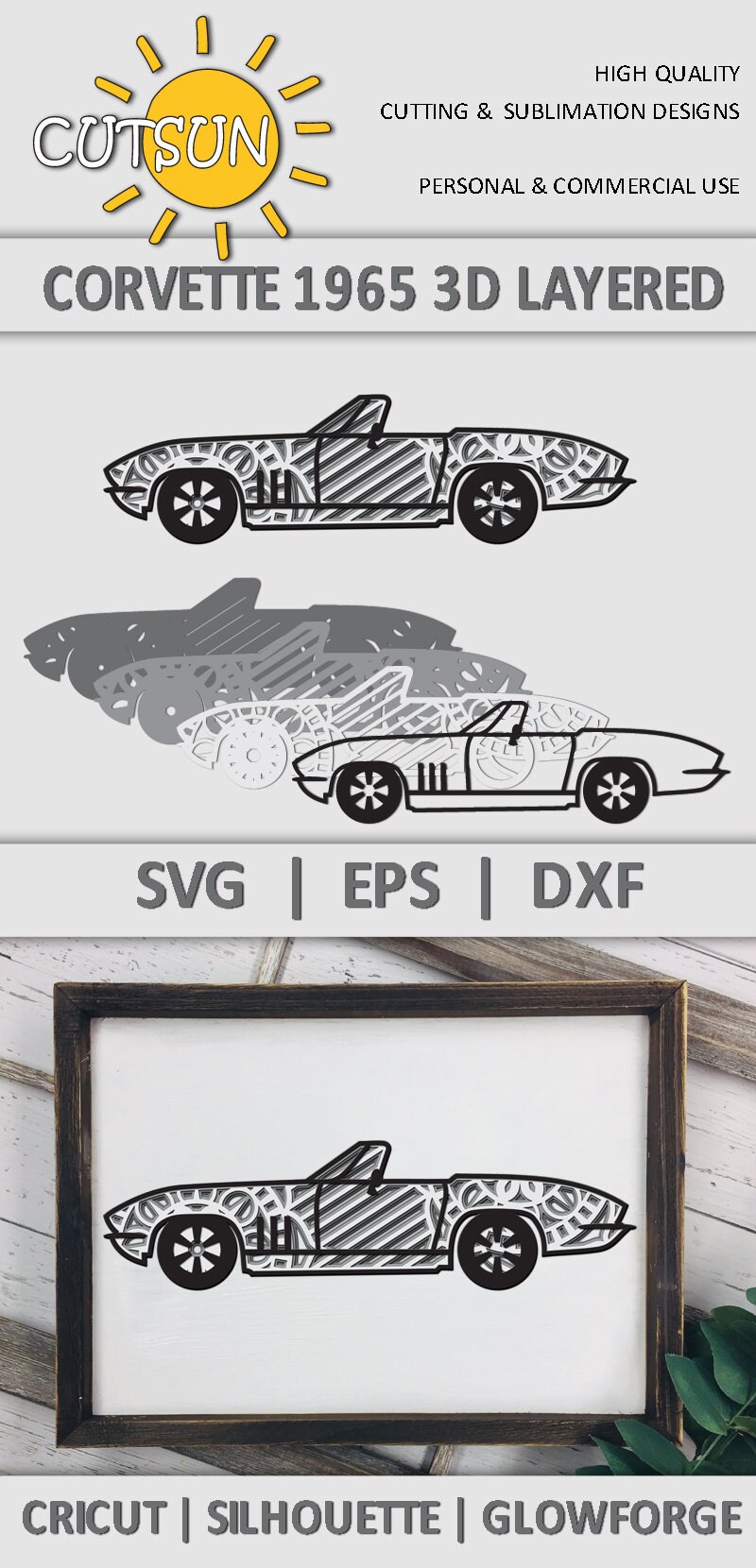 3D Layered Corvette 1965 Car Mandala SVG Cut File 4 Layers - Etsy