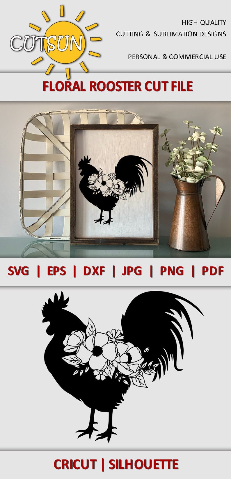 Floral Rooster Svg Rooster Svg Flower Rooster Svg - Etsy