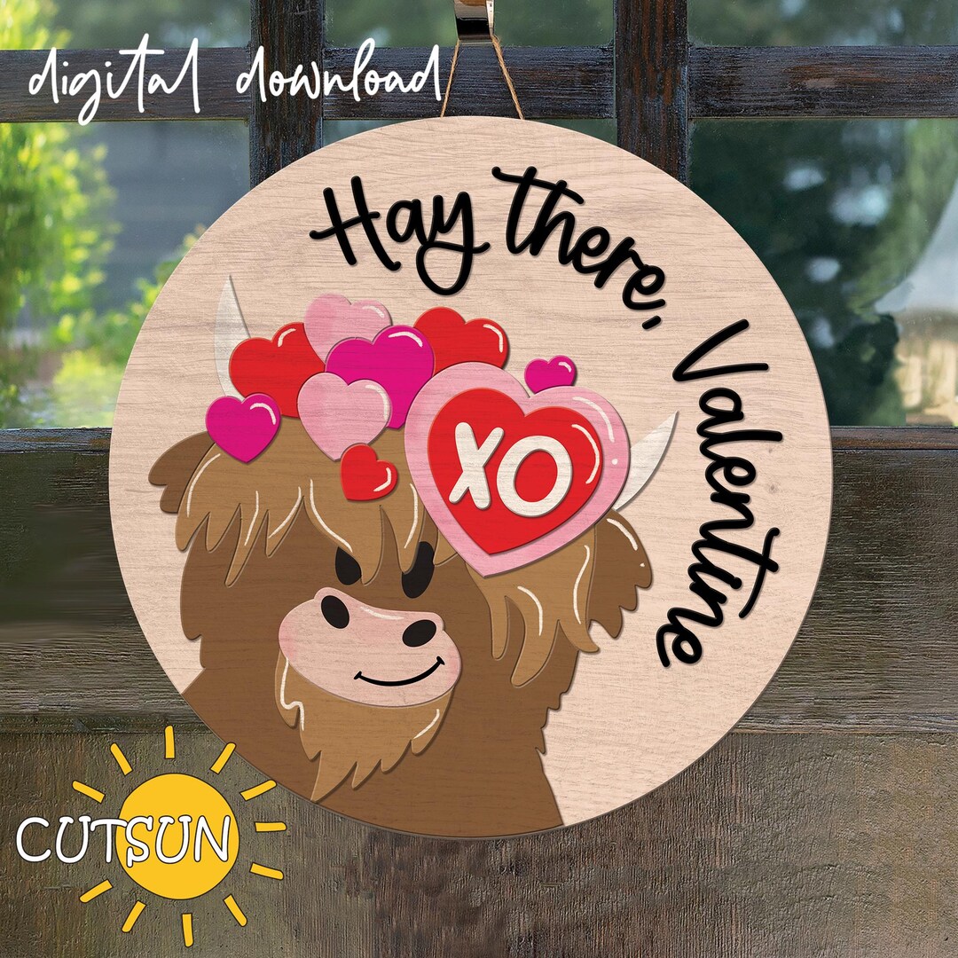 Valentine Door Hanger SVG | Highland Cow Heart Welcome Sign | Laser Cut ...