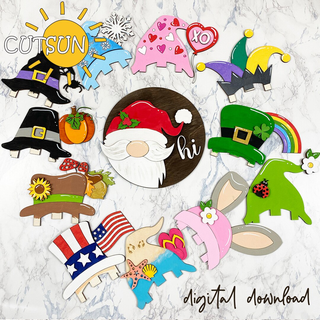 Interchangeable Round Gnome Door Hanger SVG Bundle | Gnome Hi Door Sign ...