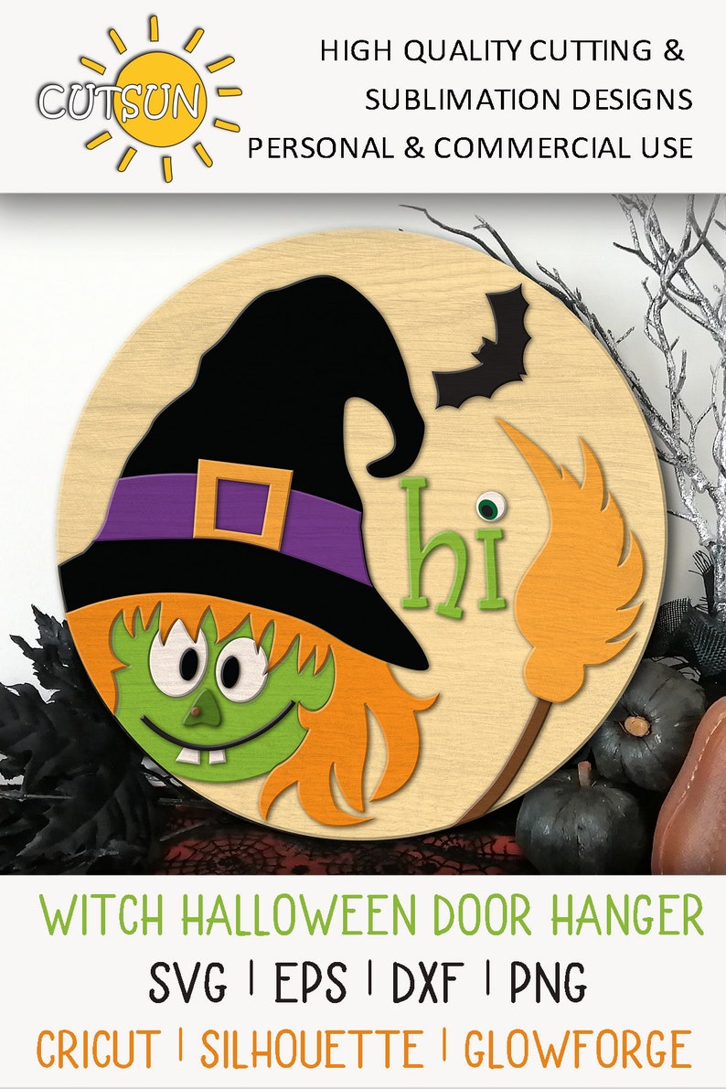Halloween Door Hanger SVG | Cute Witch Front Door Sign Laser Cut File ...