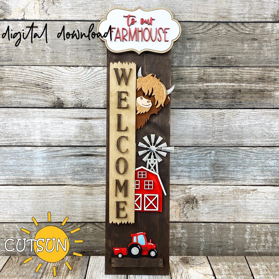 Farmhouse Highland Cow Porch Sign SVG | Interchangeable Vertical Leaner ...