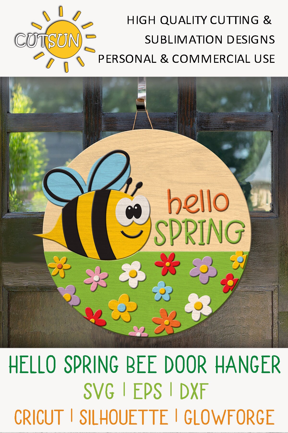 Hello Spring Door Hanger SVG | Bee SVG Flowers Welcome Sign | Spring ...