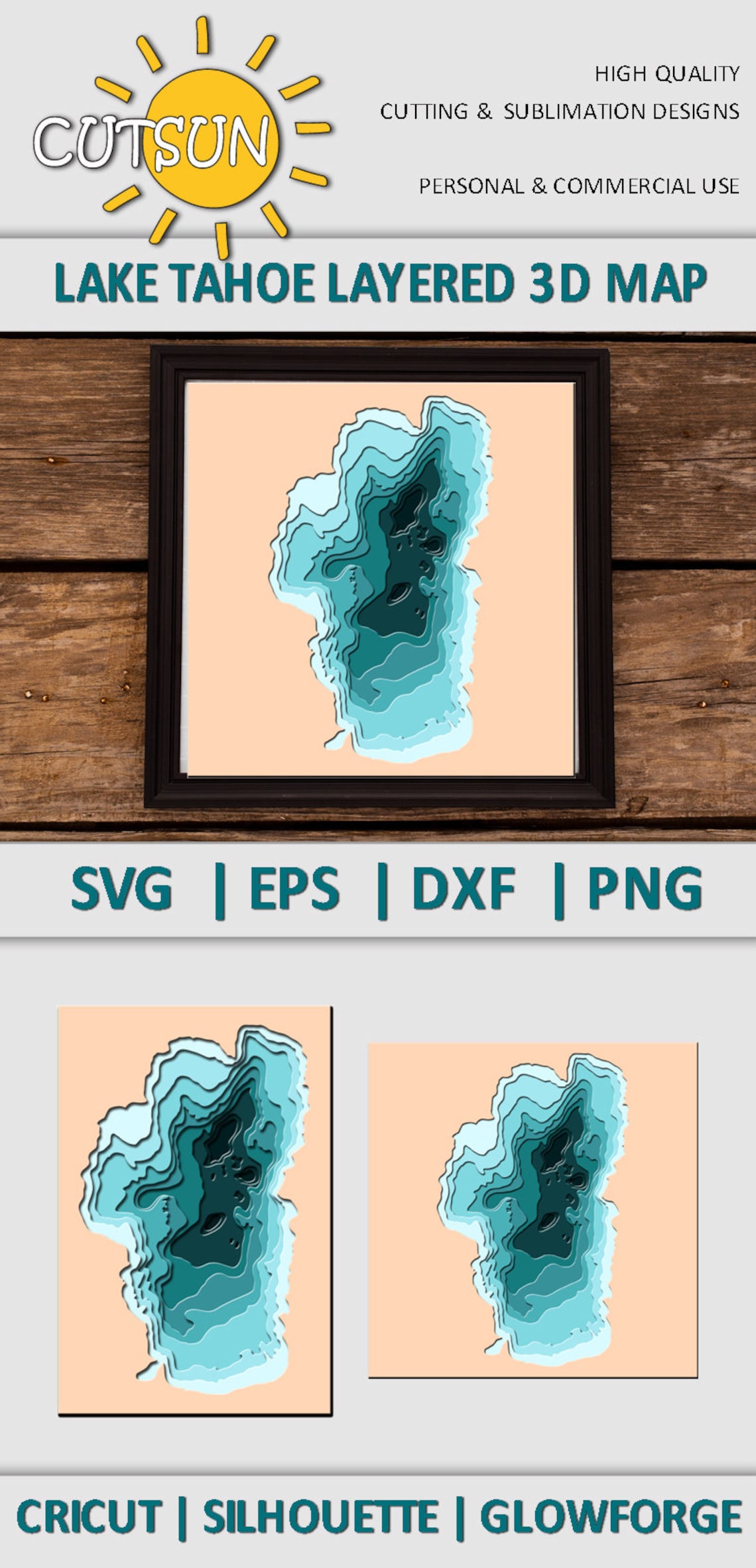 Layered Lake Tahoe Map SVG EPS DXF 10 Layers Cricut - Etsy