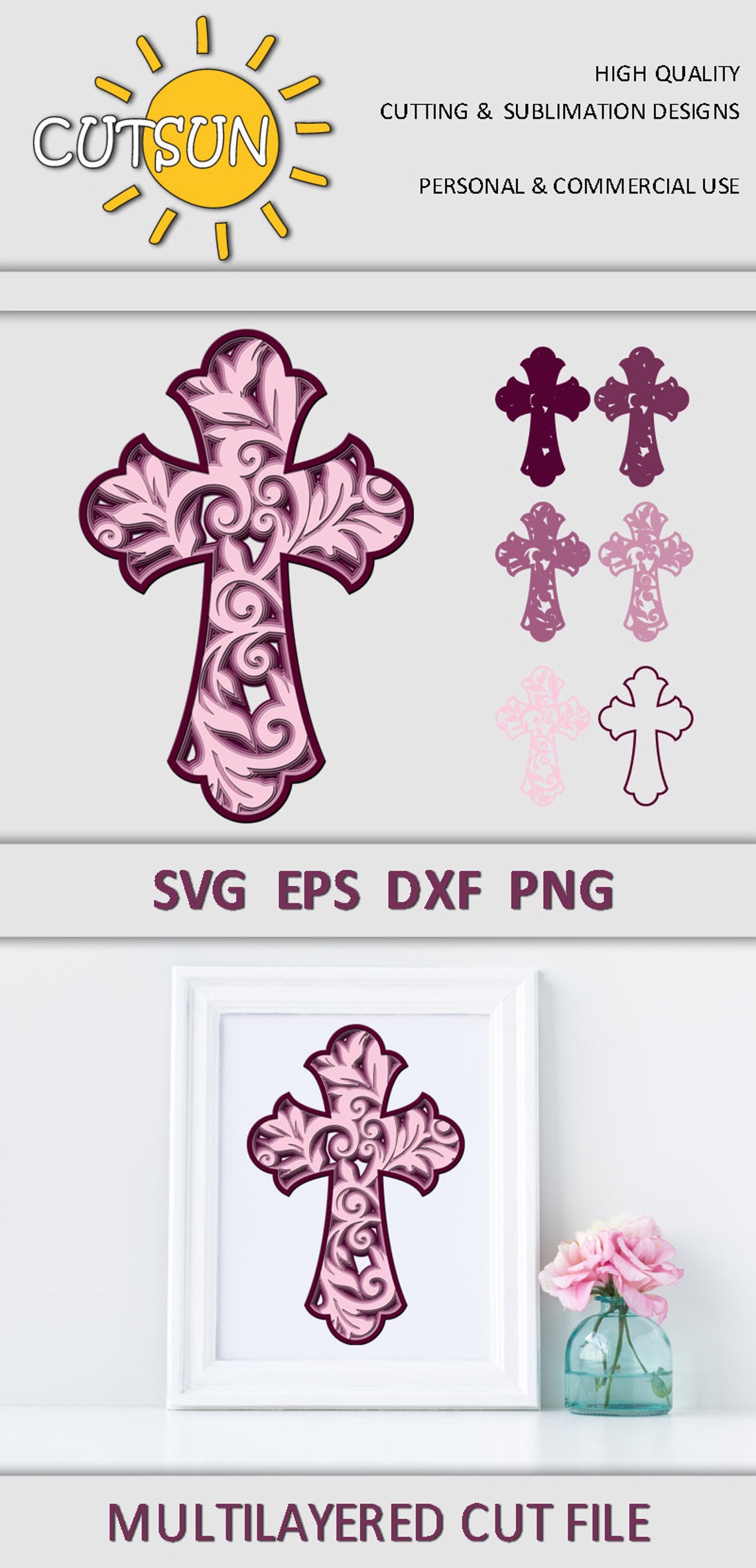 3D Layered Cross SVG 3 | Multilayered Cross Floral SVG | Glowforge Svg ...