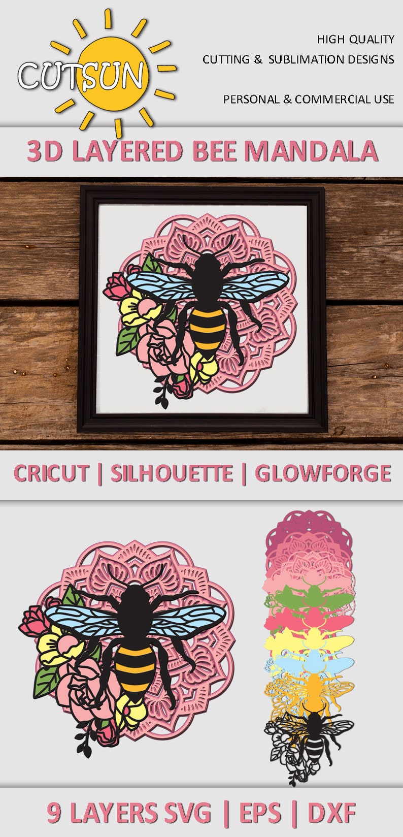 Layered Mandala Bee SVG | 9 Layer Bee Cut File | Mandala Insect SVG ...