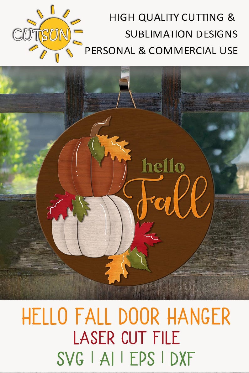 Hello Fall Round Sign SVG | Pumpkin Door Hanger SVG | Autumn Leaves ...
