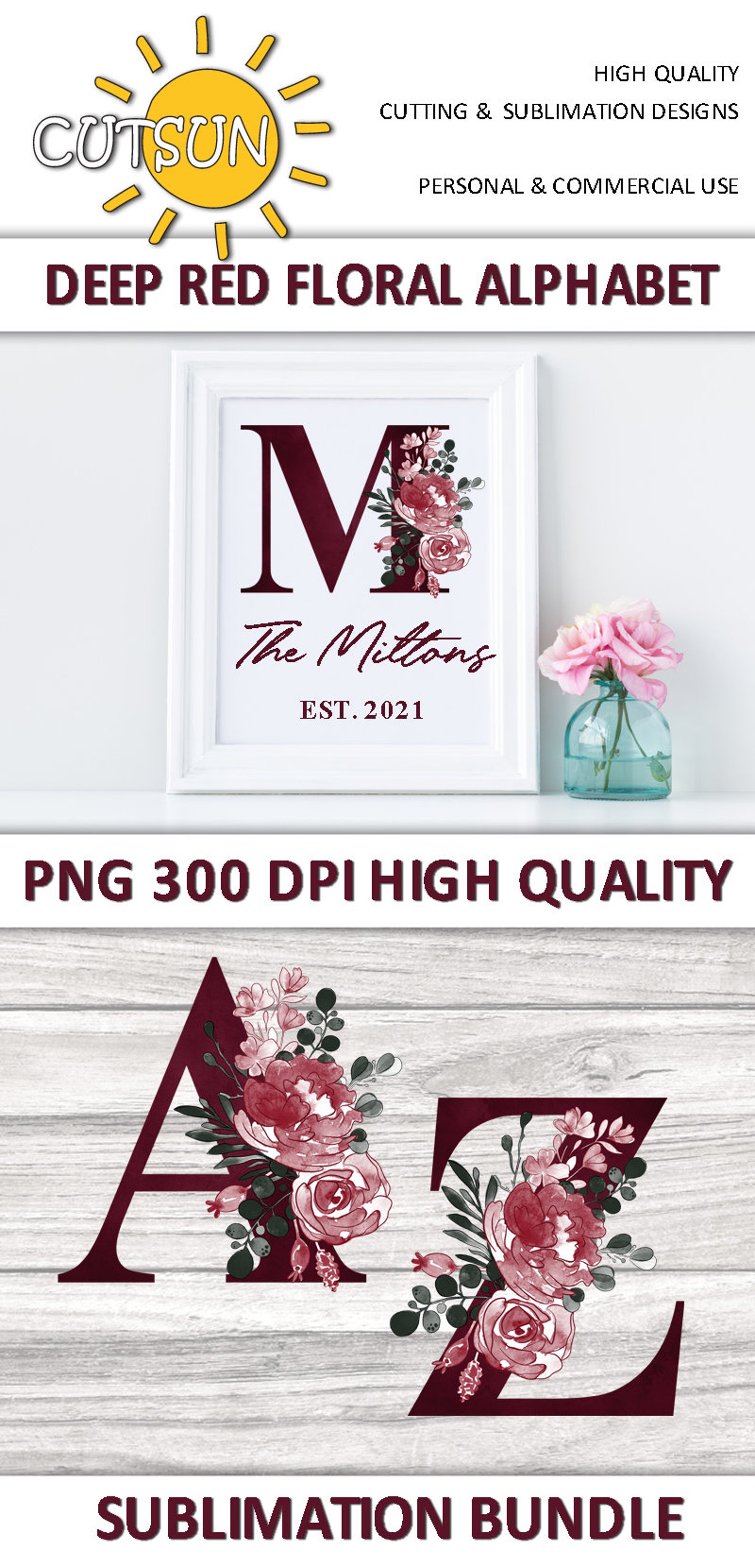 Floral Letters A-Z Sublimation Design in Deep Red - Etsy