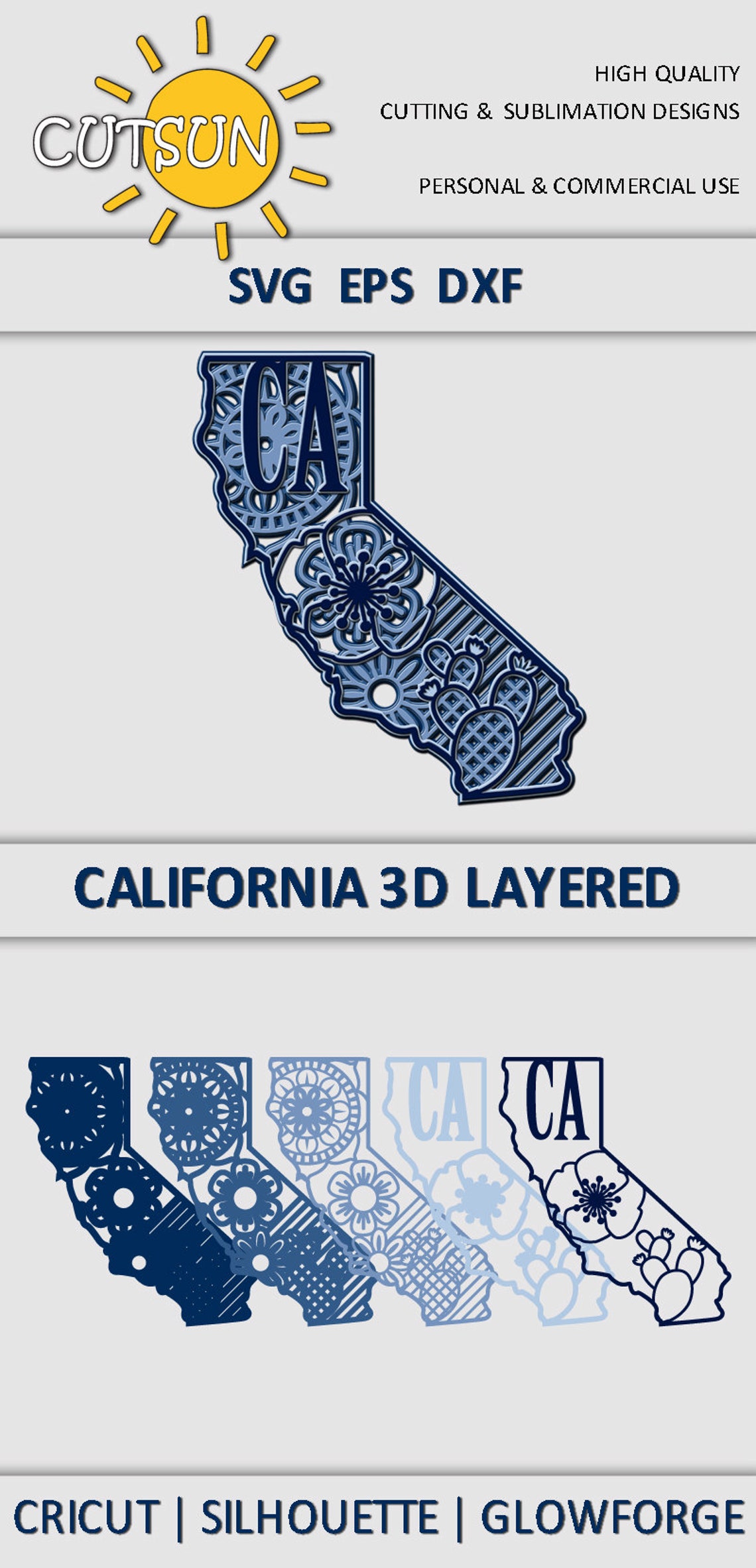 Layered 3D Mandala California State SVG 5 Layers 3D Layered | Etsy