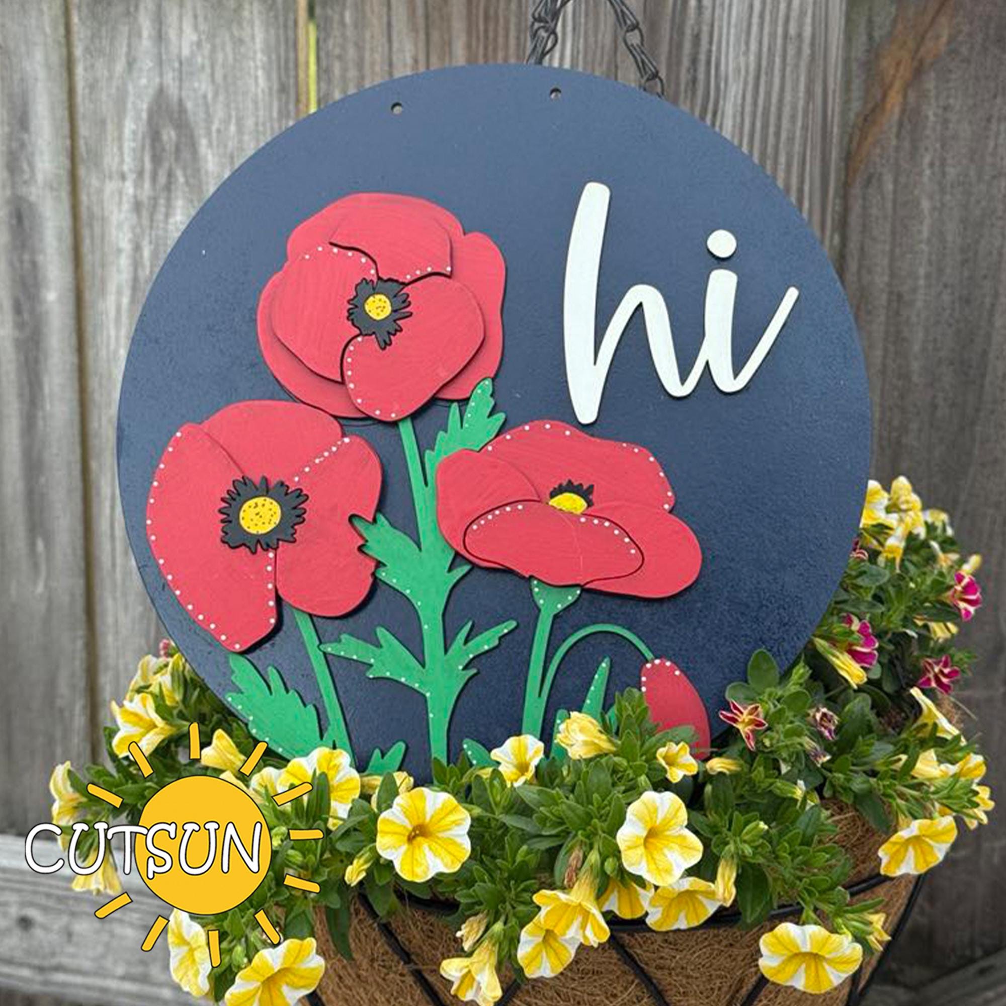 Poppy Door Hanger SVG | Round Hi Sign With Red Poppies | Floral Welcome ...