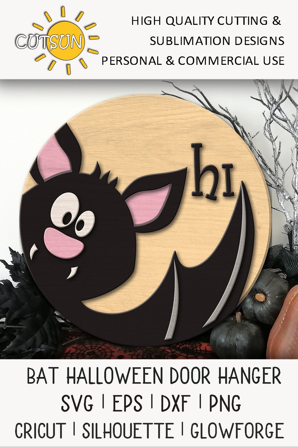 Cute Bat Hi Halloween Door Hanger SVG Bat Door Hanger SVG - Etsy
