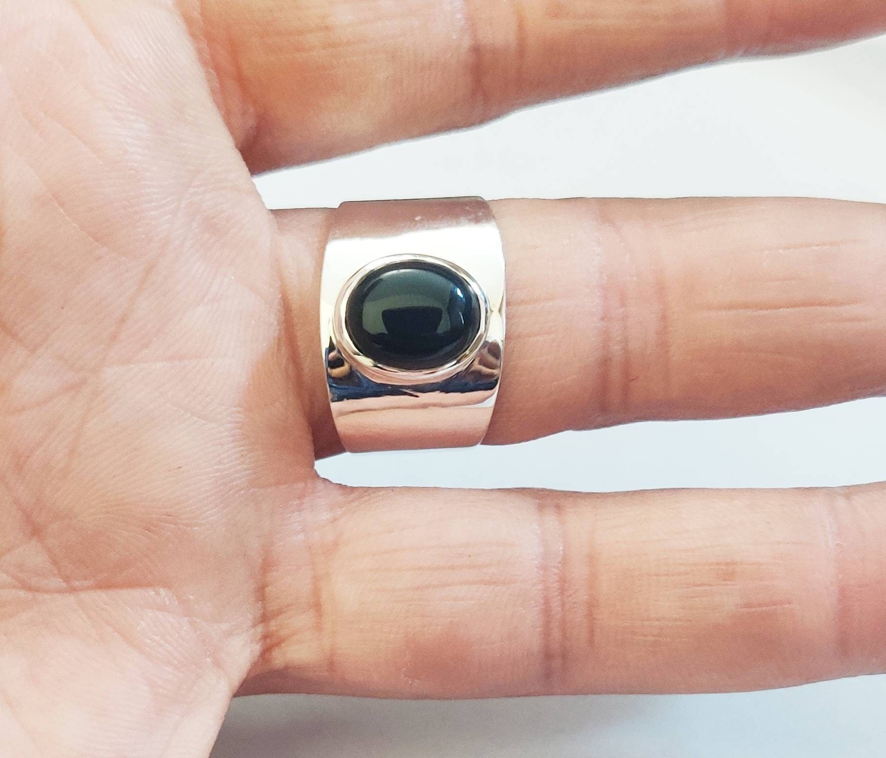 US:9 Black Onyx Ring, Broad Silver Ring, Big Silver Ring, Gemstone Ring ...