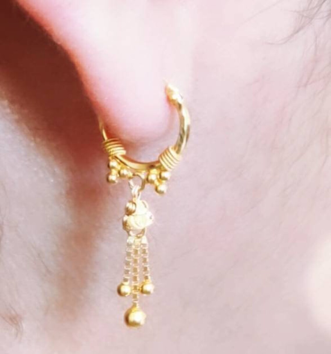 22k Gold Hoops With Dangling Chain Solid Gold Hoops | Etsy