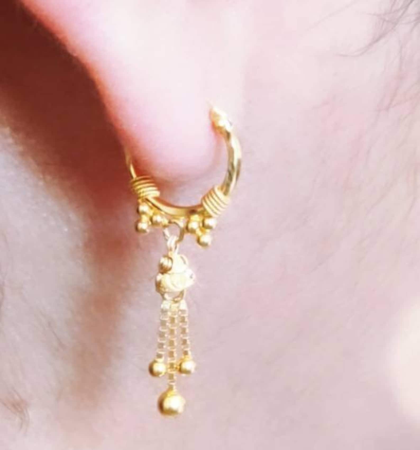 22k Gold Hoops With Dangling Chain Solid Gold Hoops | Etsy