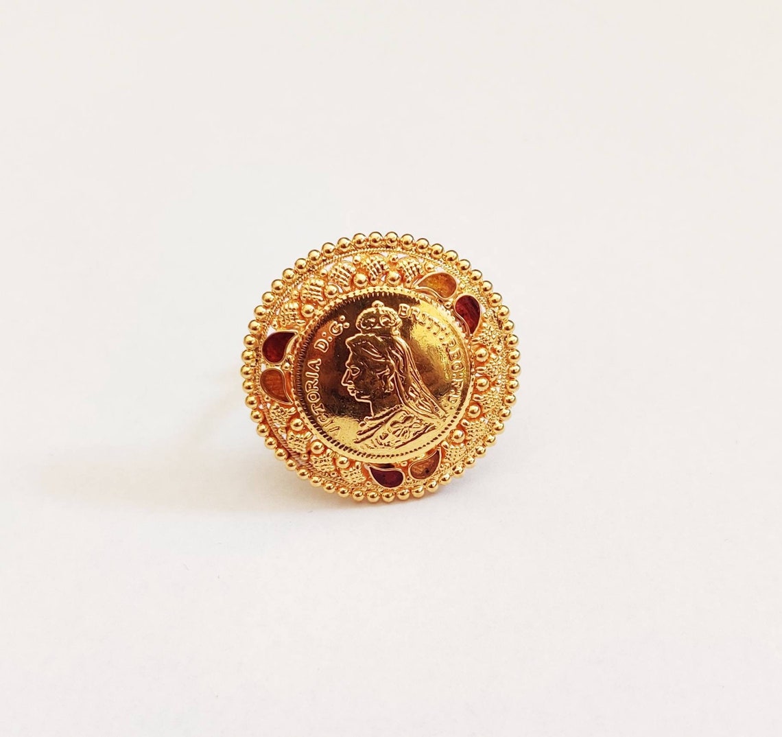 22k Solid Gold Coin Ring- Vintage Designer Gold Coin Ring- Ginni Coin ...