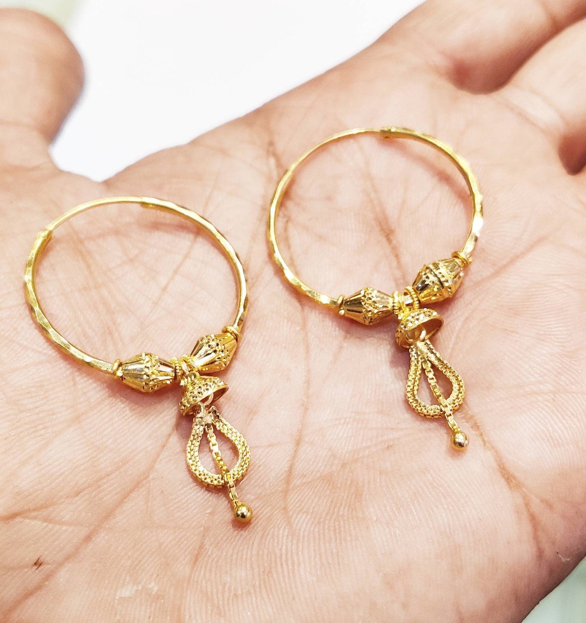 22k Gold Hoops With Dangling Chain, Solid Gold Hoops, Gold Chains ...