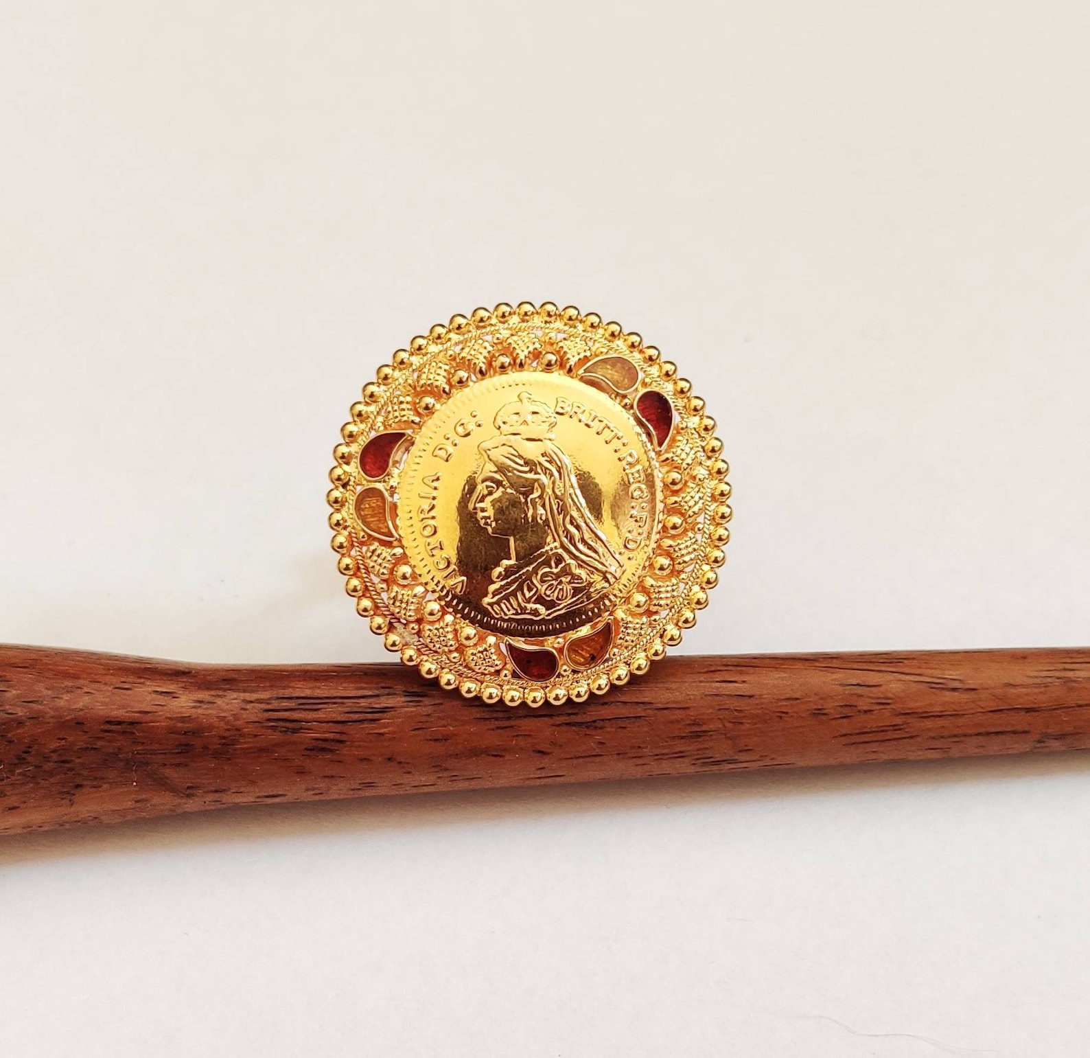 22k Solid Gold Coin Ring- Vintage Designer Gold Coin Ring- Ginni Coin ...