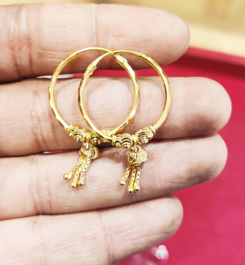 22k Gold Hoops, Dangling Chain Gold Hoops, Classic Bell Golden Hoops ...