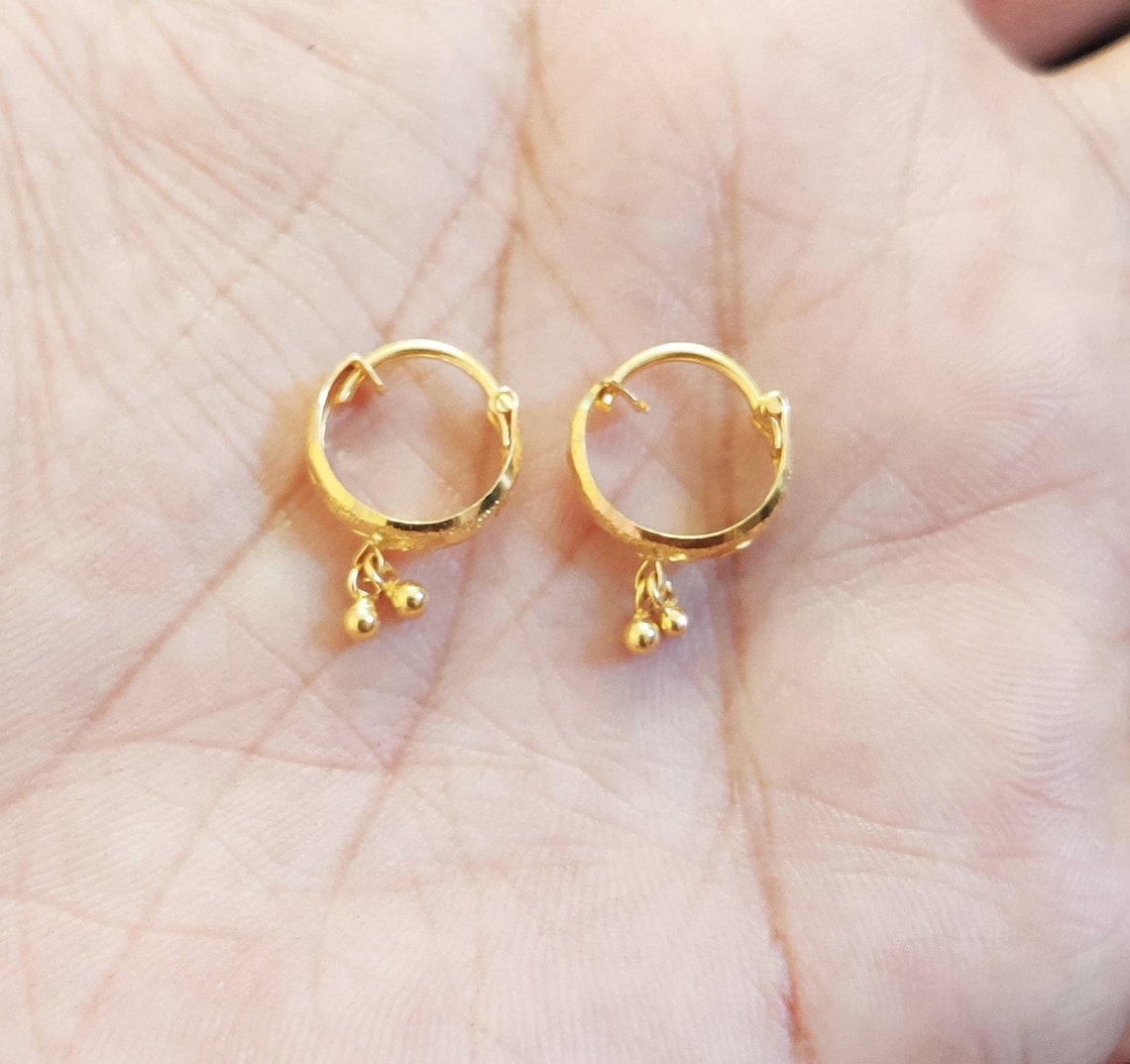 22k Gold Dangling Hoops, Solid Gold Hoops, Dangling Gold Hoops, Simple ...