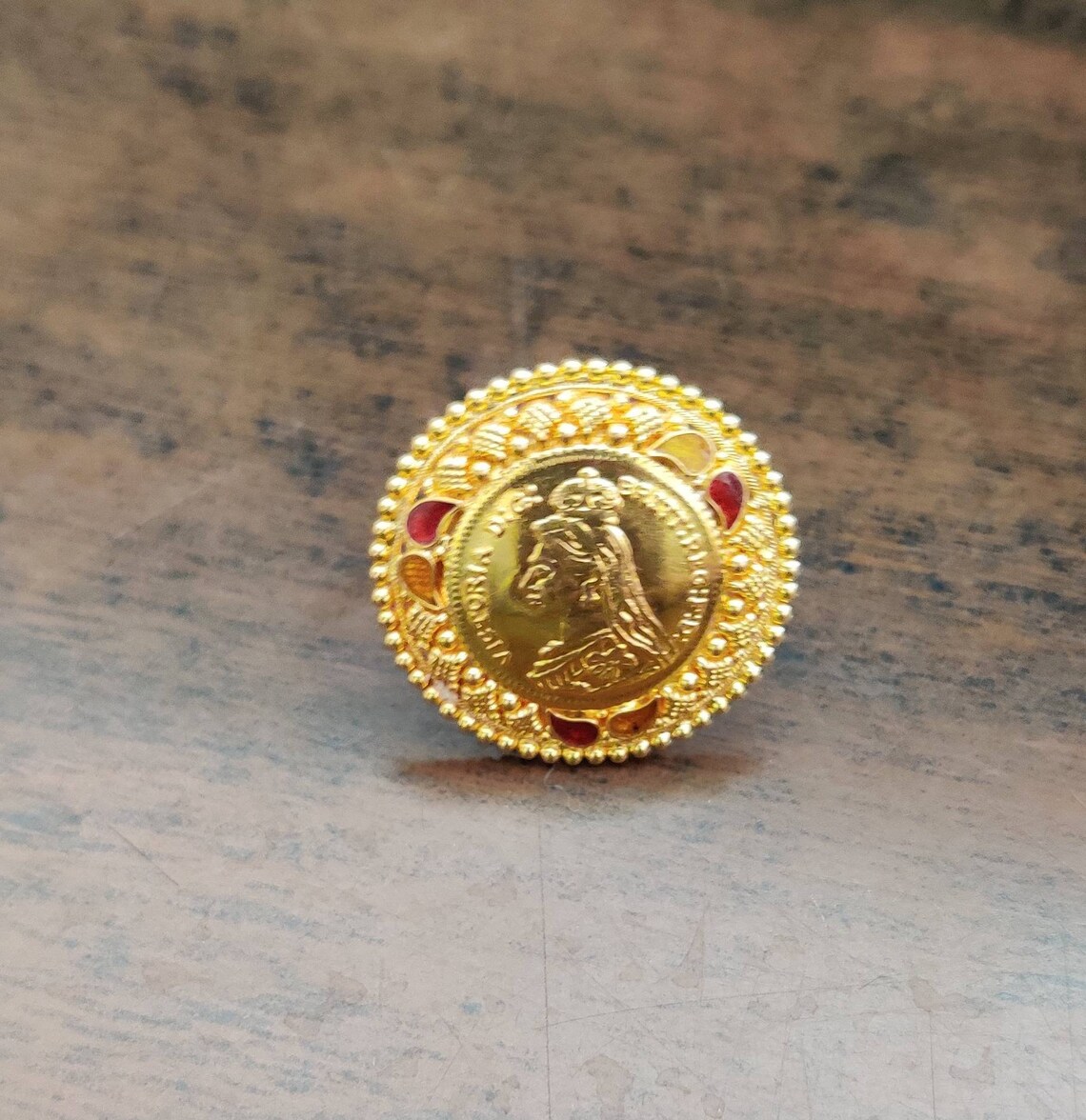 22k Solid Gold Coin Ring- Vintage Designer Gold Coin Ring- Ginni Coin ...