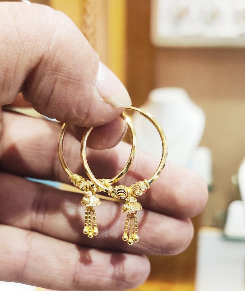 22k Gold Hoops, Dangling Chain Gold Hoops, Classic Bell Golden Hoops ...