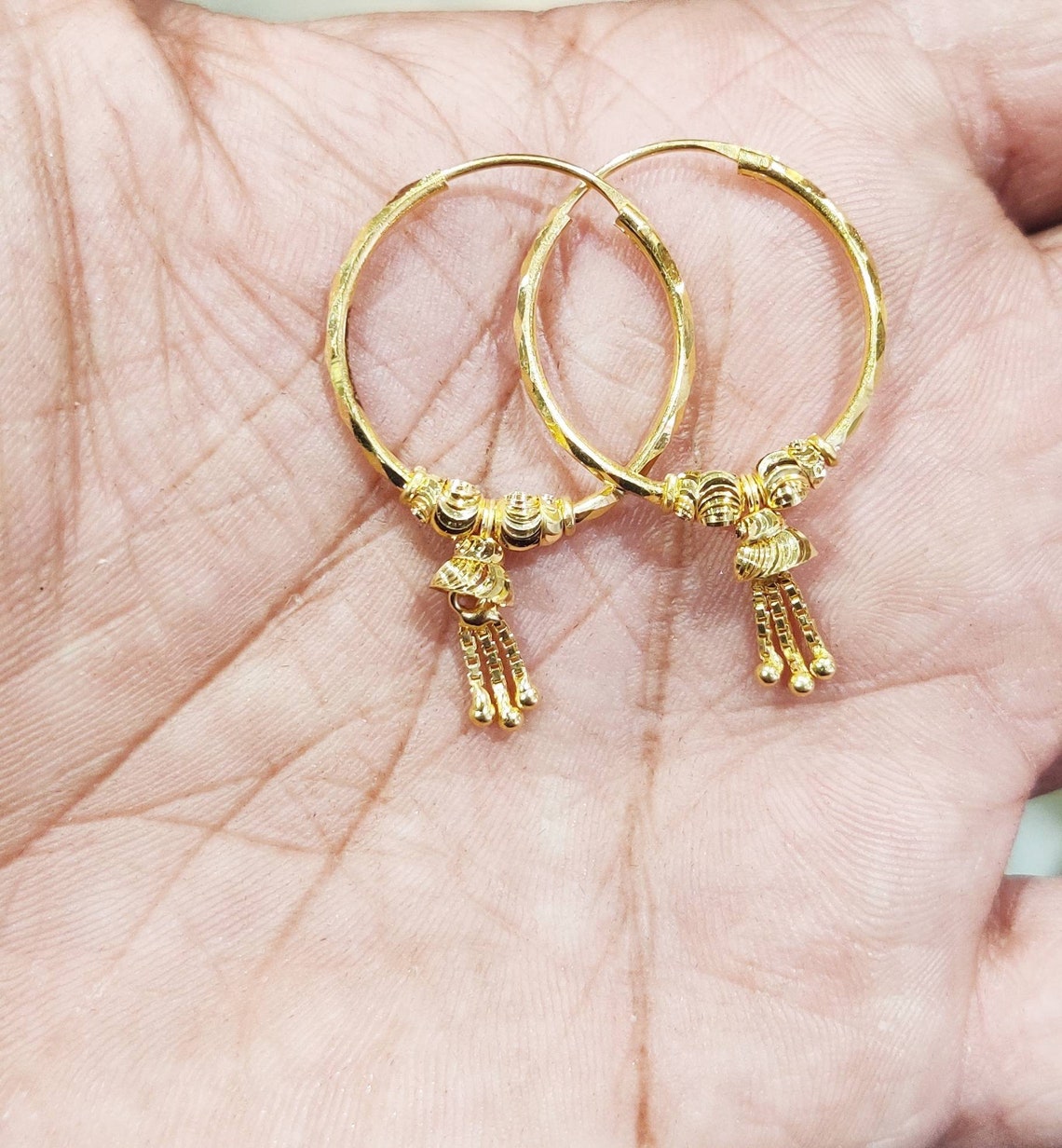 22k Gold Hoops Dangling Chain Gold Hoops Classic Bell Golden | Etsy